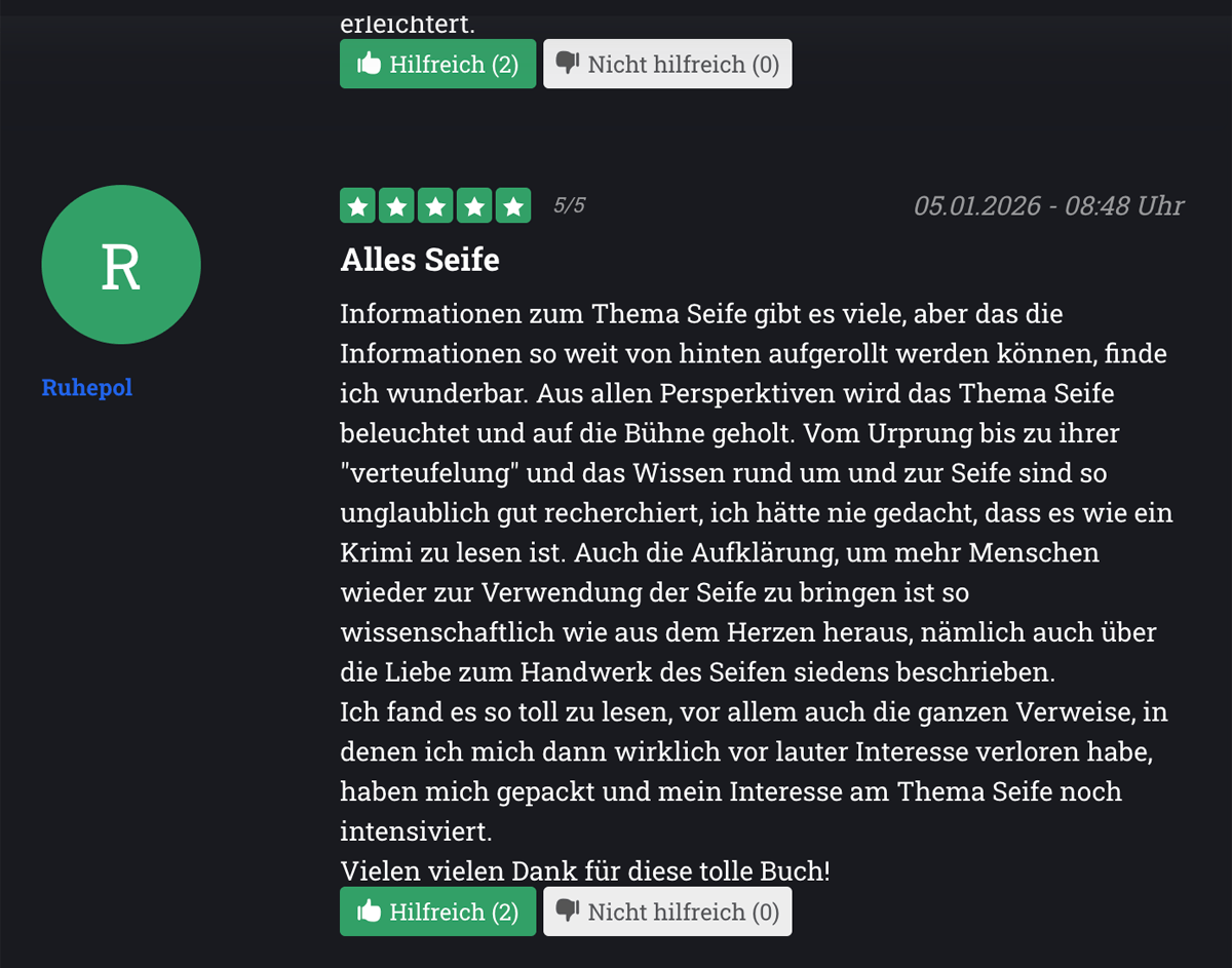 Aus einer Rezension auf Lesehits.de zum Buch «Die Renaissance der Seife ...